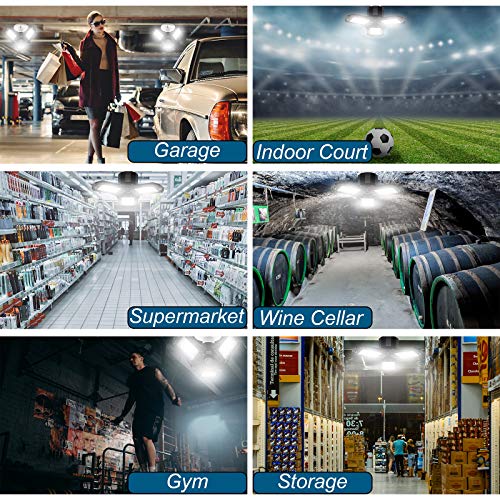 Garage Lights Ceiling, Deformable Garage LED Bulb Light 40W 6000 Lumen E26 with 3 Adjustable LED Panels 270° for Garage, Warehouse, Barn, Workshop and Yard (NO Motion Activated)(Plastic(2 Pack))