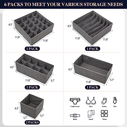 6 Pack Sock Underwear Drawer Organizer, Simple and Practical Foldable Non-Woven Drawer Organizers for Clothing, Suitable for Closet drawer Storage Bra Underwear, Socks, Ties, Belt(Grey)