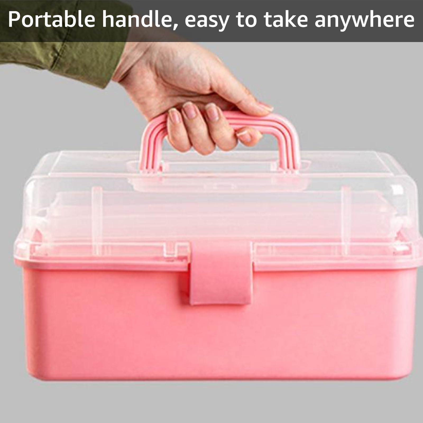 Acrux7 2 Pack Pink Tackle Box Organizer 3 Layers Craft Storage Organizers 10.6'' Plastic Portable Storage Box with Handle and 2 Trays, Folding Craft Box for Arts, Medicine, Sewing, Painting Supplies
