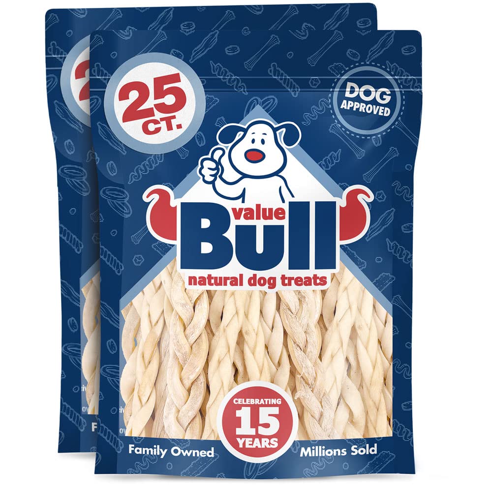 ValueBull Cheek Chews, Triple Braided, Premium Beef, 5-6 Inch, 50 Count - Long Lasting Dog Chews, Single Ingredient Rawhide Alternative, Angus Beef, Cleans Teeth
