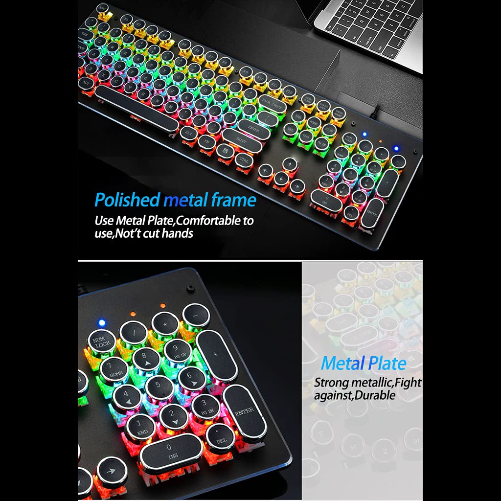 Peiiwdc Retro Punk Typewriter, Mechanical Gaming Keyboard,Blue Switches,USB Wired,Cool Wired Retro Steam Punk Typewriter Round Keycaps 104keys White
