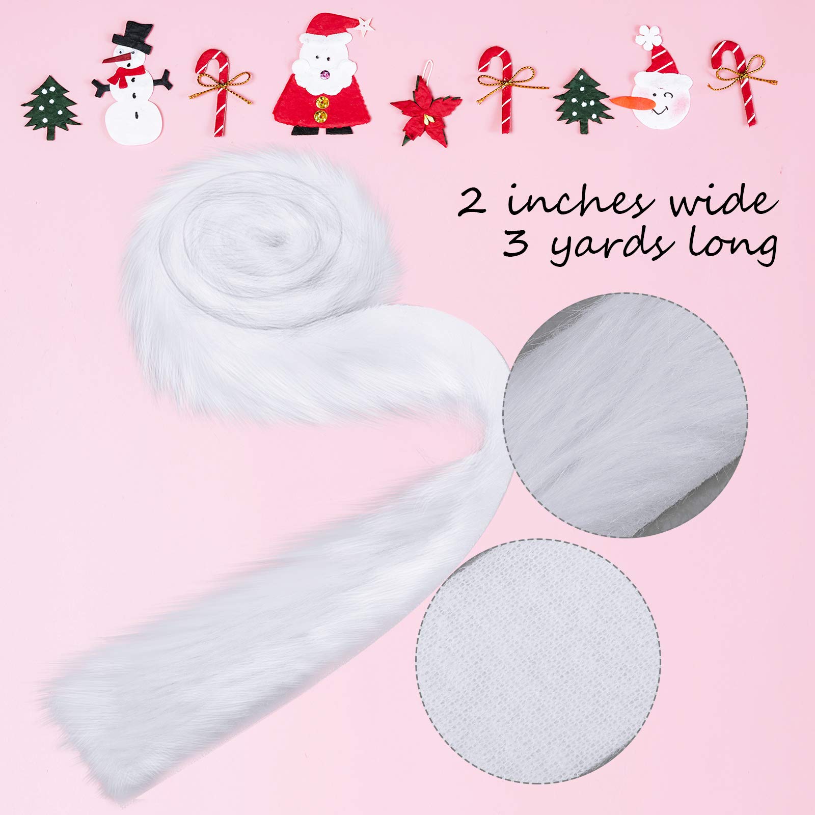 2 Inches Wide Christmas Faux Fur Ribbon Trim Fabric Roll for Christmas Tree Decor or Wreath Bows Craft, 3 Yards Long (White)