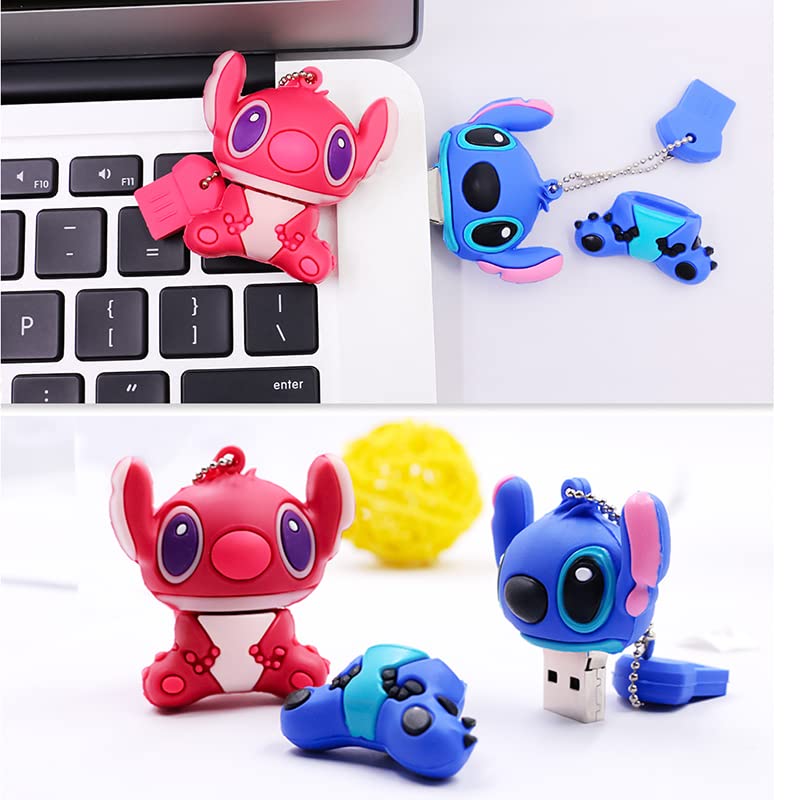 2 Pack Novelty Stitch Shape Design 64GB USB 2.0 Flash Drive Cute Memory Stick Stitch Thumb Drive Data Storage Pendrive Cartoon Jump Drive Gift (2 Colors: Blue Pink)