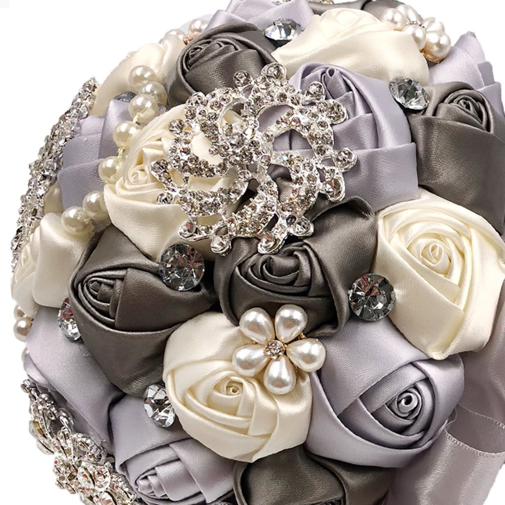 Abbie Home Advanced Customization Romantic Bride Wedding Holding Toss Bouquet Rose with Pearls and Rhinestone Decorative brooches Accessories- (Grey + Creamy White)