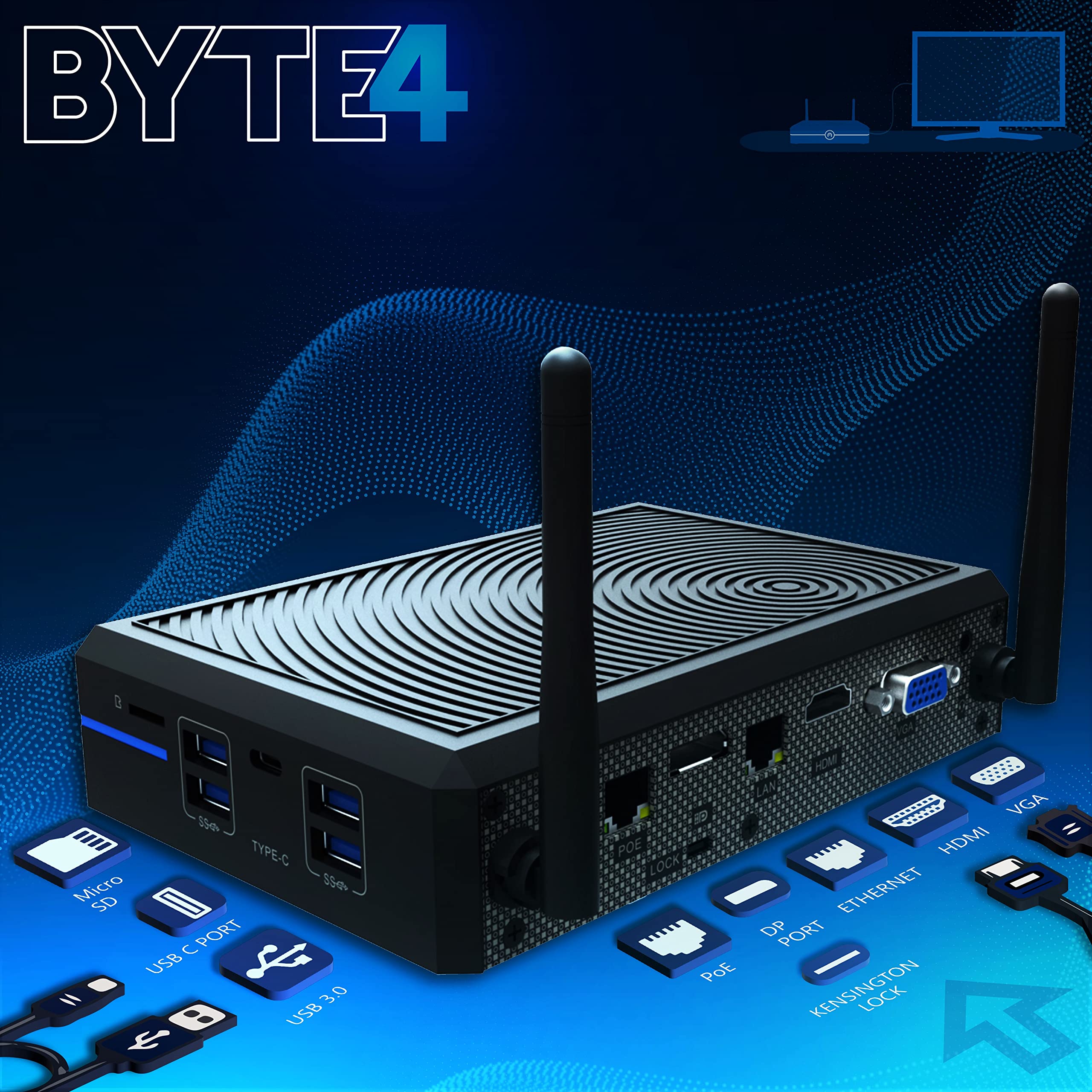 AZULLE Byte4 Pro Fanless Mini Desktop PC 4GB/64GB - Business & Home Powerful Portable Computer, WiFi, Ethernet Port, Windows 10 Pro, Media Center