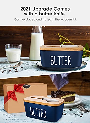 AISBUGUR Large Butter Dish with Lid Ceramics Butter Keeper Container with Knife and High- quality Silicone Sealing Butter Dishes with Covers Good Kitchen Gift Blue