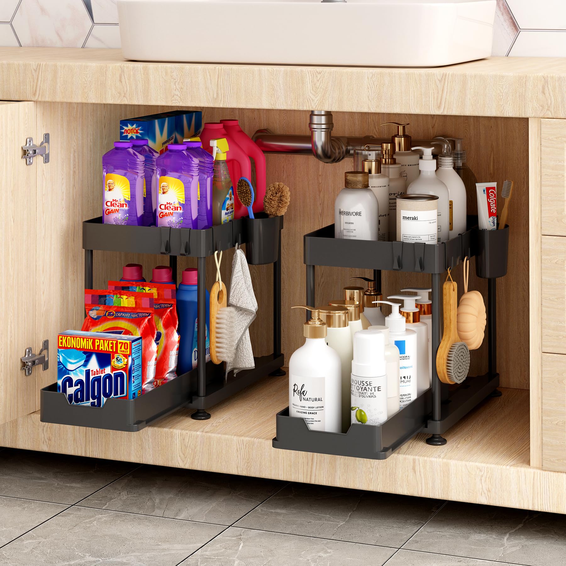 2 Pack Under Kitchen Sink Organizers and Storage, 2 Tier Under Sink Organizer for Bathroom Cabinet, Undersink Organizer Sliding Drawer with Hooks, Hanging Cup for Narrow Space by SMATHOM, Black