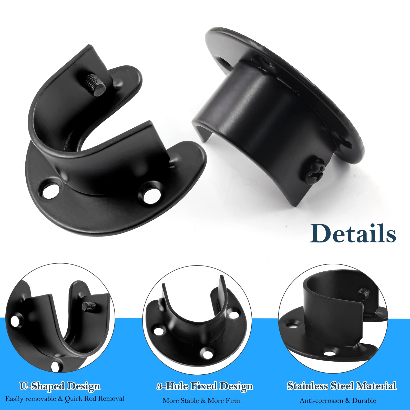 Moicstiy 4Pcs 1-1/3 Inch Stainless Steel Closet Rod End Supports Heavy Duty Wardrobe Pole End Rod Support Bracket U Shaped Flange Rod Holder with Screws (Black)