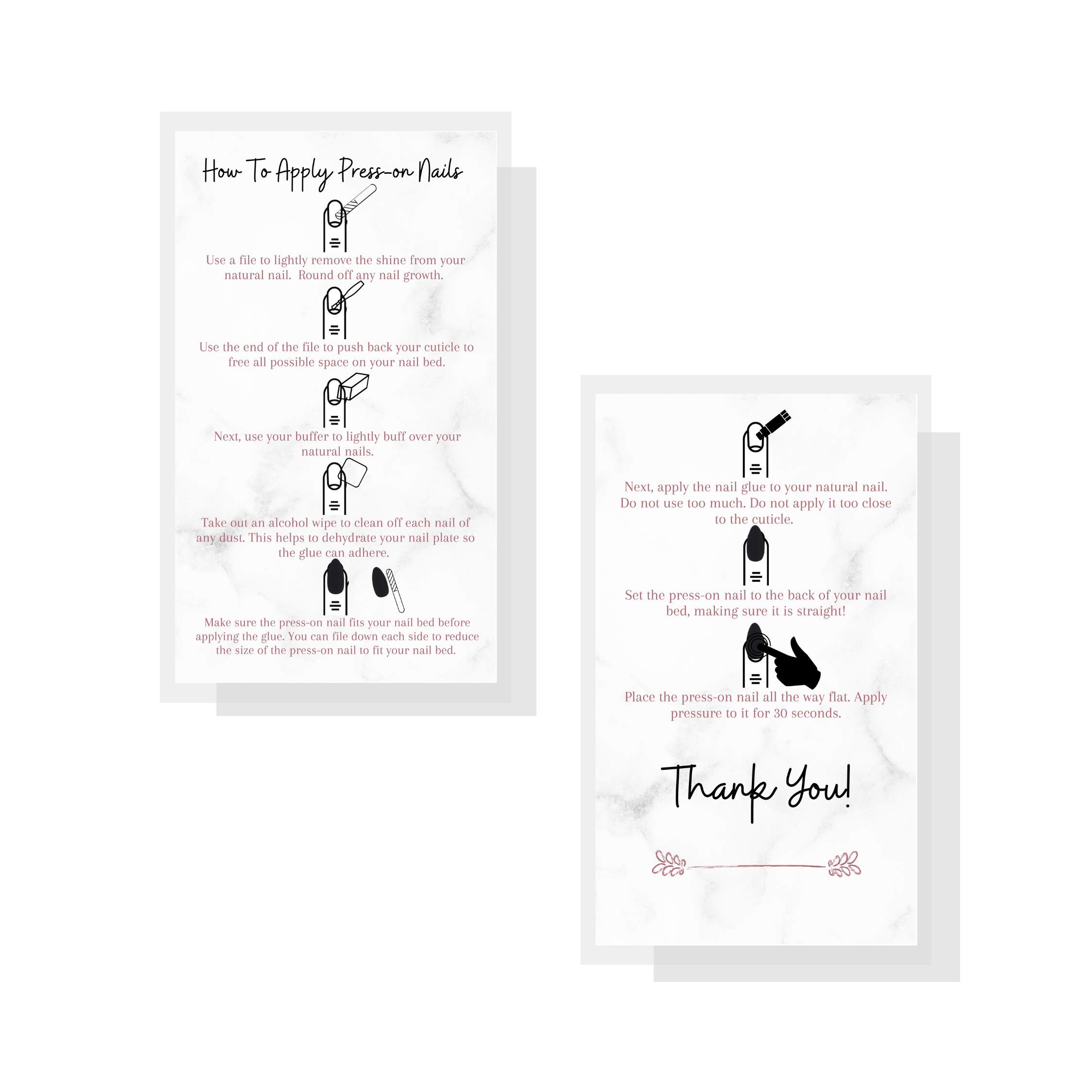 Press-On Nail Application Instructions Cards | 50 Pack | 2x3.5" inch Business Card Size | DIY Press-On Nail Kit | Marble with Rosey Gold Design