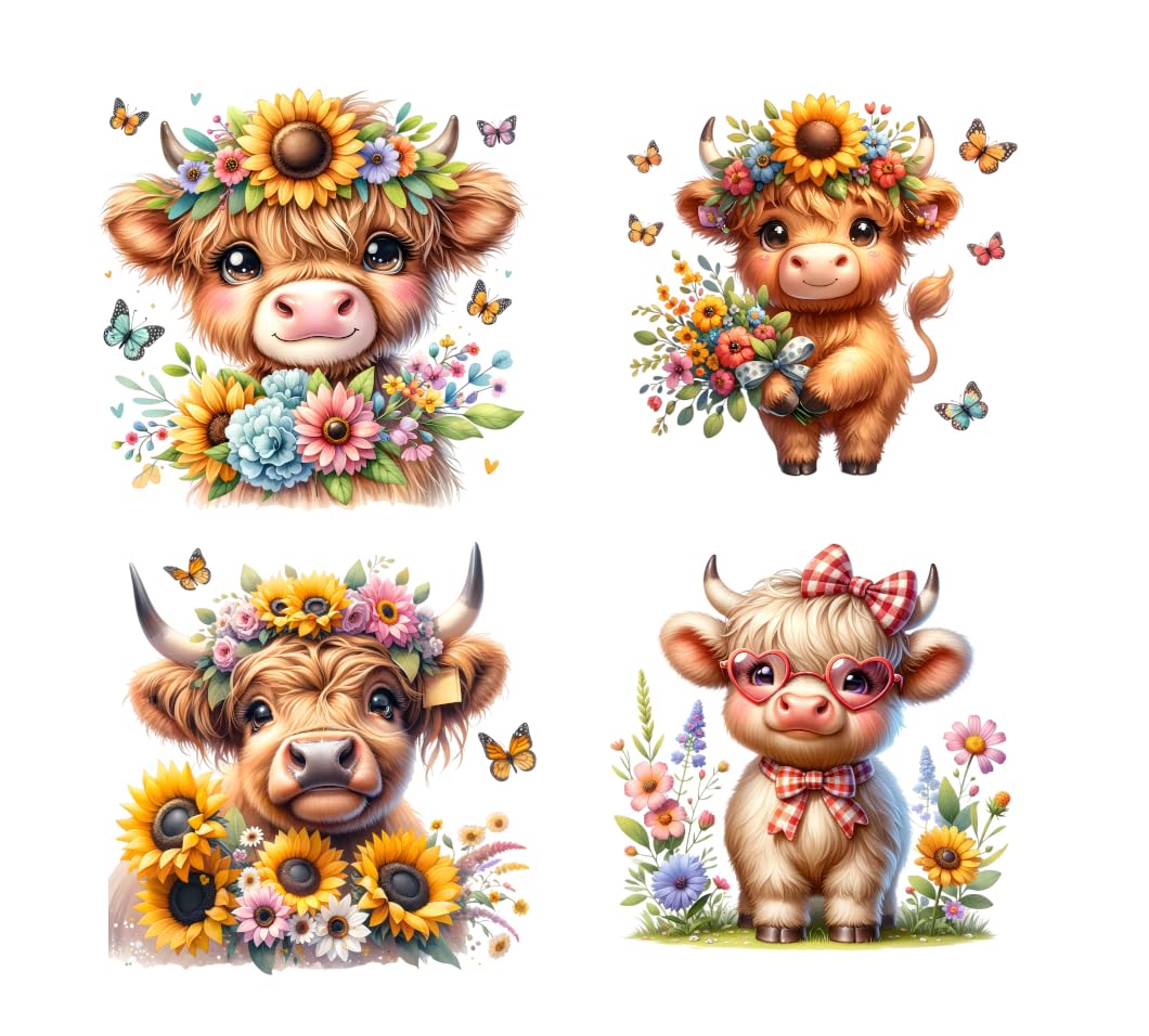 4 Piece 6"x6" Spring Highland Cows 100% Cotton Fabric Panel Squares - Quilting Panel Blocks