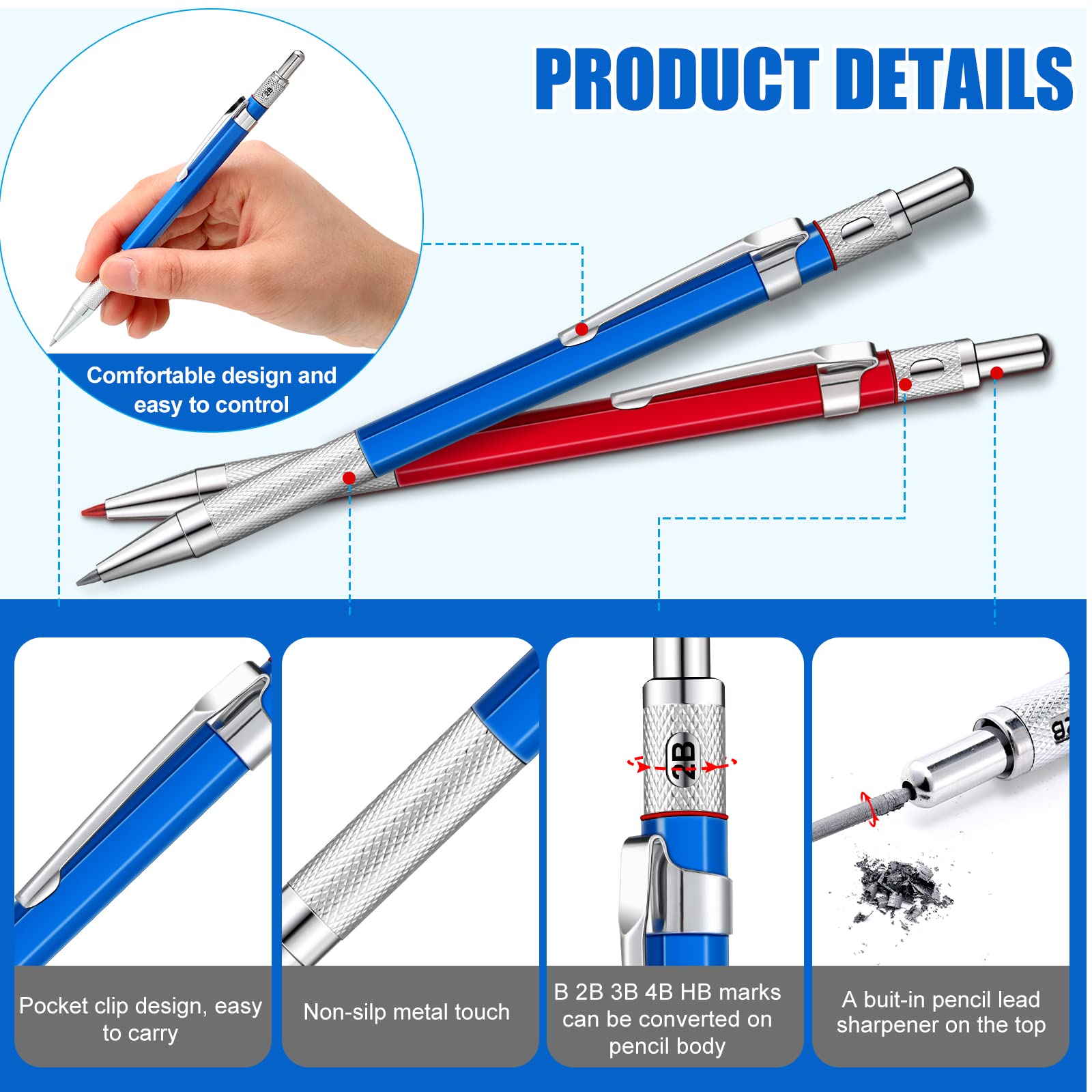 2 Pcs Welders Pencil with 48 PCS Round Refills Mechanical Pencils Metal Welding Marker for Tube Pipe Fitter Welder Steel Construction Woodworking (Red, Silver)