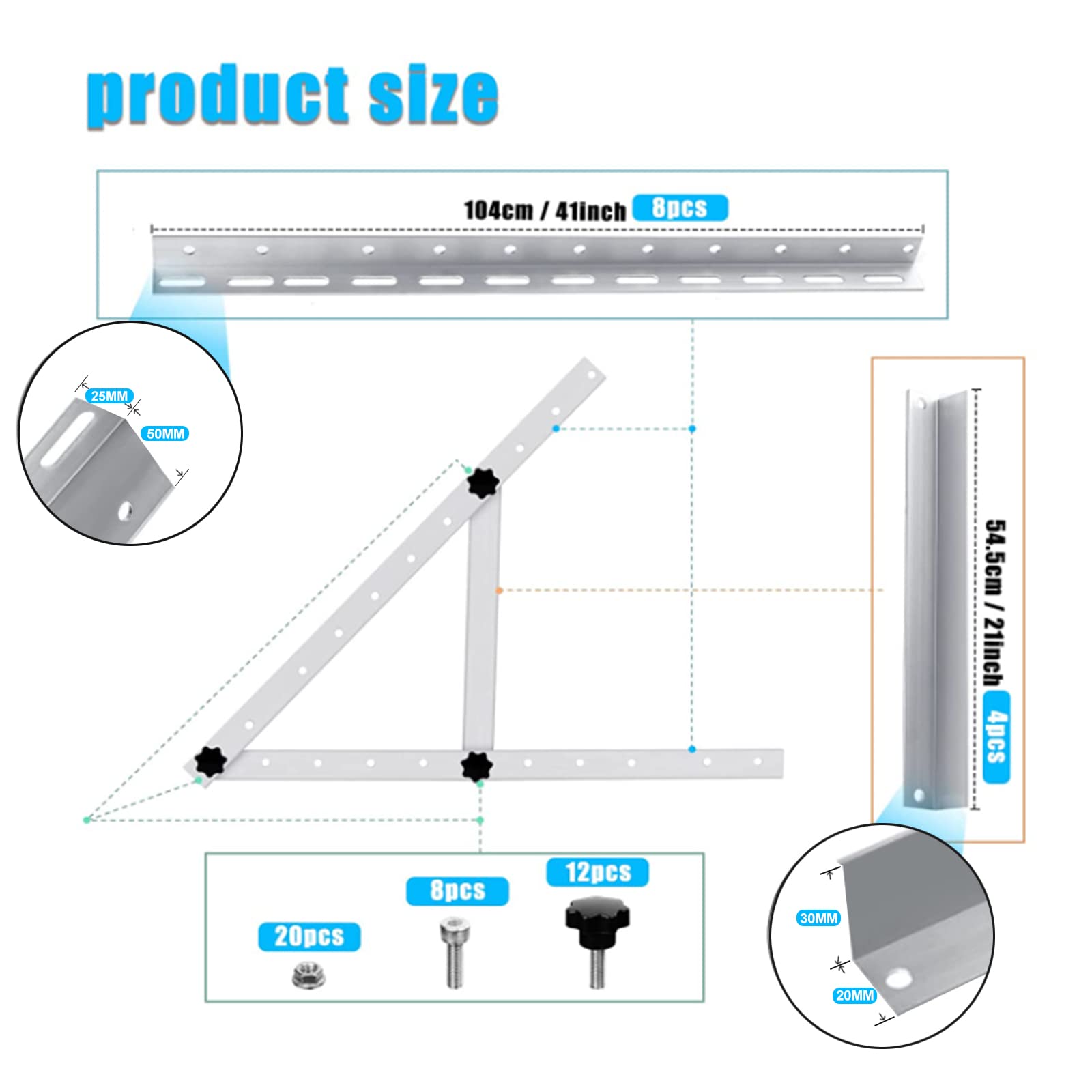2 Sets 41In Adjustable Solar Panel Bracket, Solar Panel Bracket with Foldable Tilt Legs, Solar Mount, 1040MM Length Support up to 200 400 600 Watt Solar Panel for Homes, Boat, RV, Off-Grid System