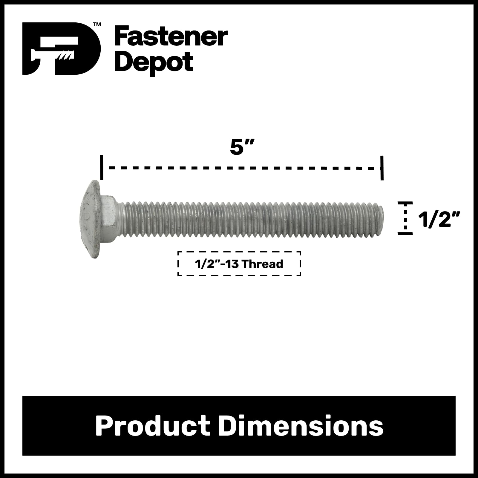 FASTENER DEPOT 1/2inches-13 x 5inches Hot Dipped Galvanized Carriage Bolt w/Nuts & Flat Washers, Quantity 25 - by Fastener Depot, LLC