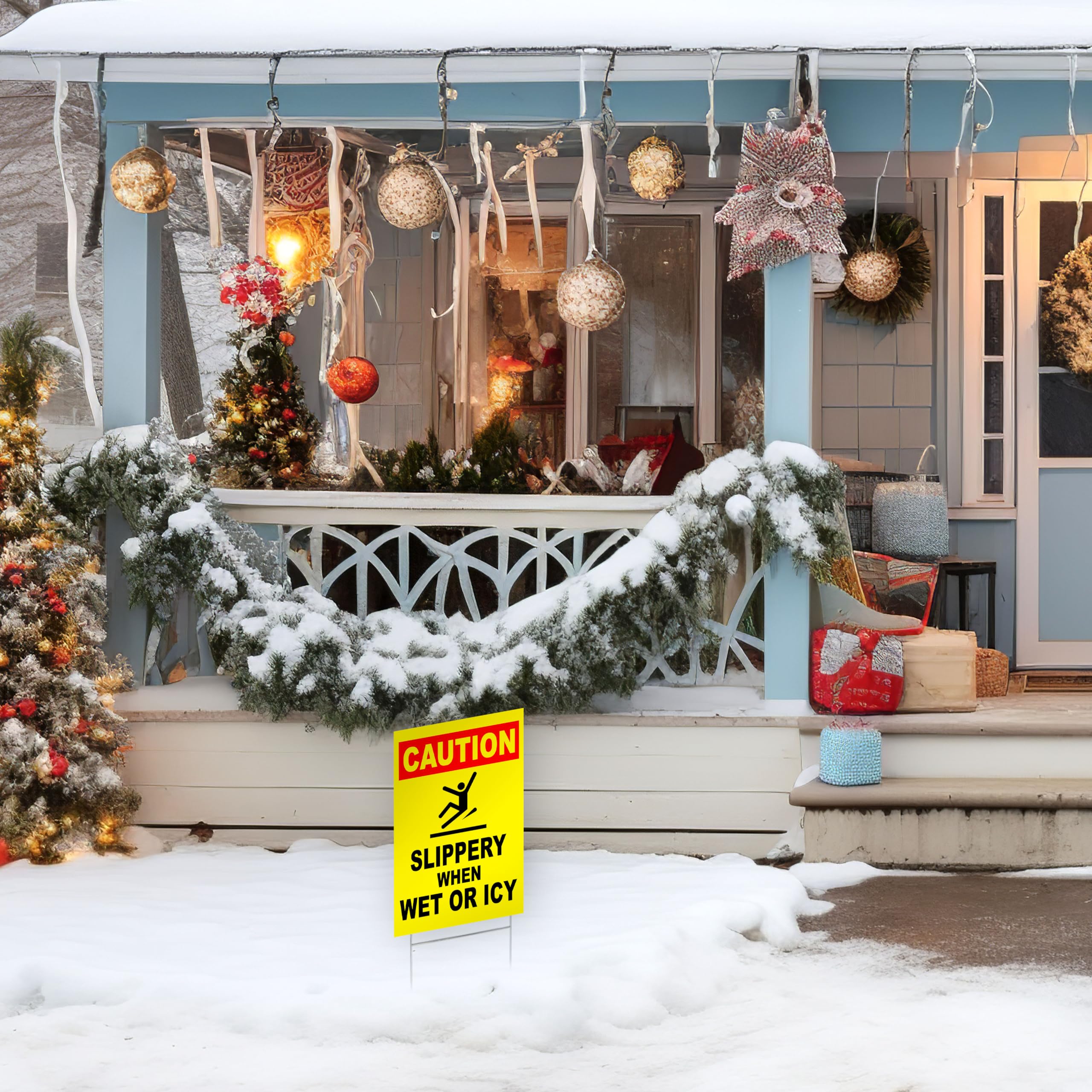 Caution Slippery When Wet or Icy - 8 x 12 Double Sided Coroplast Warning Slippery When Wet Sign - Caution Ice Sign - Caution Wet Floor Sign Yellow