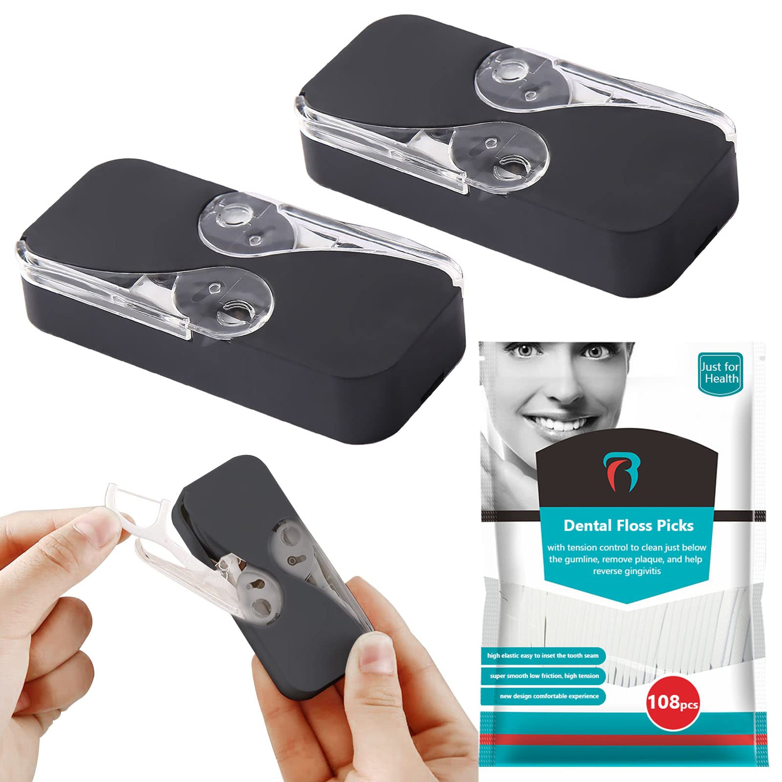 2 PCS Portable Floss Dispenser, Dental Floss Picks Dispenser Case Refillable with 108 Pcs Toothpicks Sticks Dental Floss Picks Holder Dispenser Travel Floss Organize (Black+White)