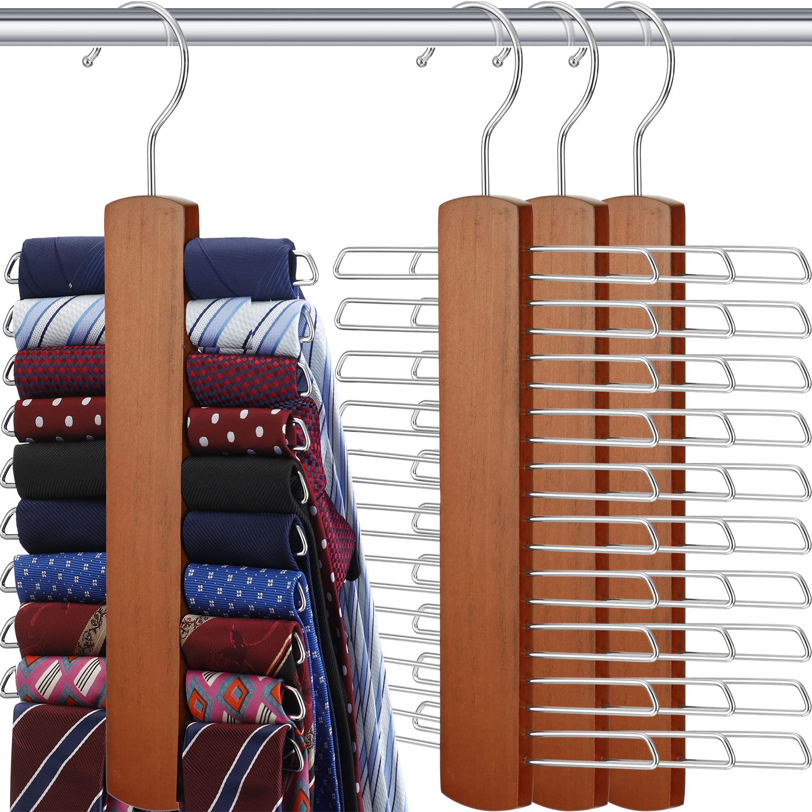4 Pieces Tie Hanger for Men Wooden Necktie and Belt Hanger Wooden Tie Rack Holder Walnut Center Organizer and Storage Rack Finish 20 Hooks Space Saving Organizer for Closet(Archaize Color)