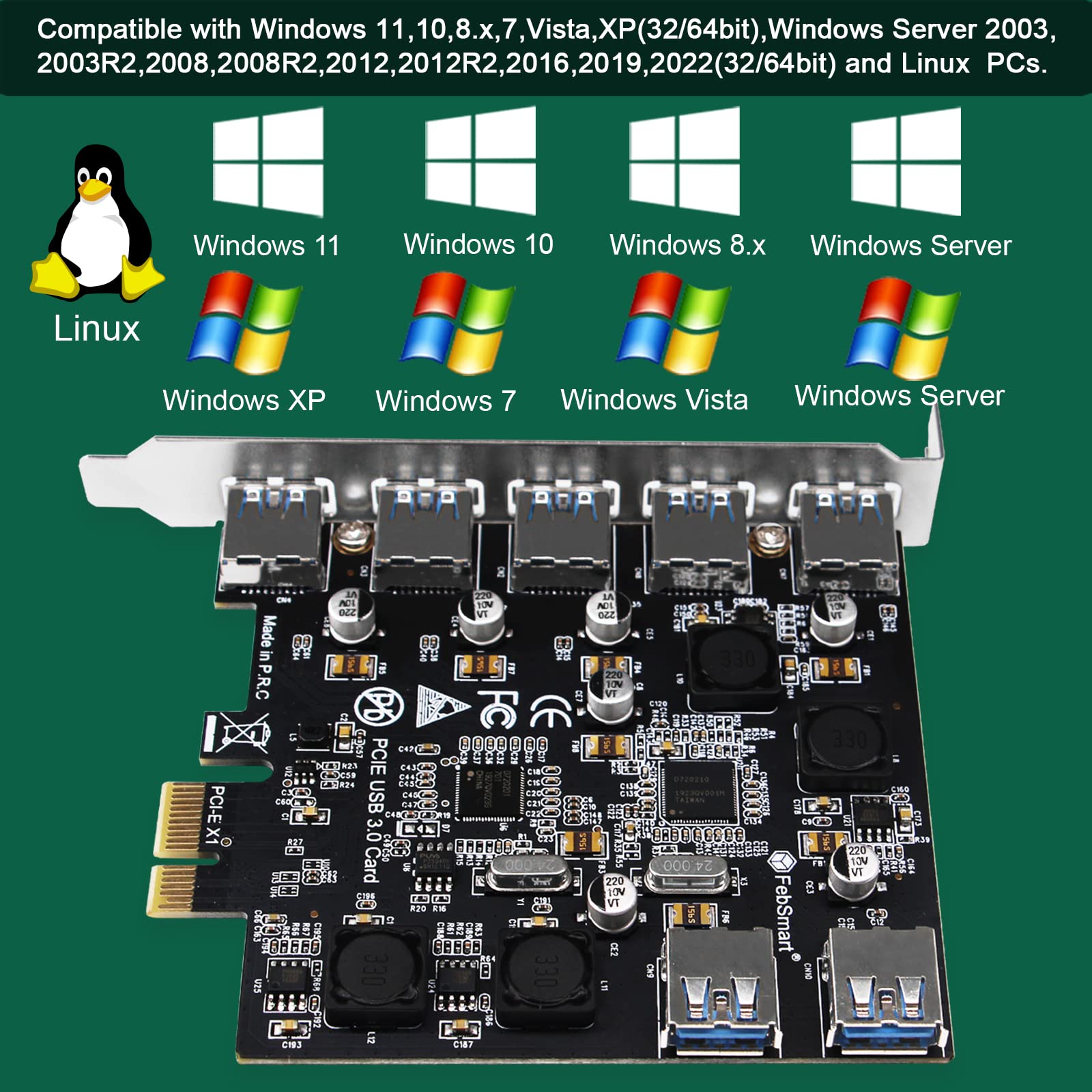 FebSmart 7-Ports Superspeed 5Gbps PCIE USB 3.0 Expansion Card for Windows 11, 10, 8.x, 7, Vista, XP Desktop PCs, Built in FebSmart Self-Powered Technology, No Need Additional Power Supply (FS-U7-Pro)