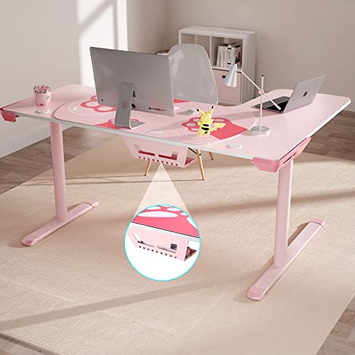 EUREKA ERGONOMIC Pink L Shaped Gaming Desk, 60 Inch Large Home Office Corner PC Computer Table Study Writing Modern Workstation Girls Female Gifts L60 w Mouse Pad Cable Management, Space Saving, Left