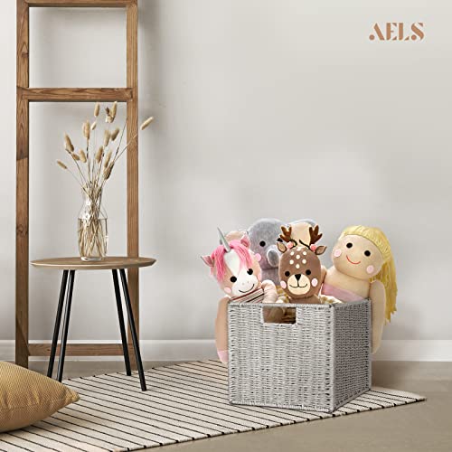 AELS Woven Baskets for Storage, Natural Hand-woven Storage Baskets for Organizing, Cubby Cubes Storage Bins for Shelves, 11" Modern Farmhouse Square Storage Cubes with Handles, Light Gray, 4 Pack