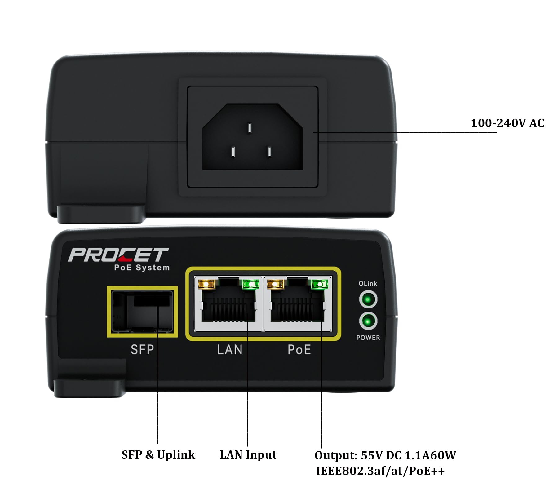 PROCET SFP Fiber PoE Injector 60W SFP Uplink PoE++ Power Injector Gigabit IEEE802.3af/at Compliant, -40℉ to 131℉ for PTZ Camera, Access Point, POS, Kiosk