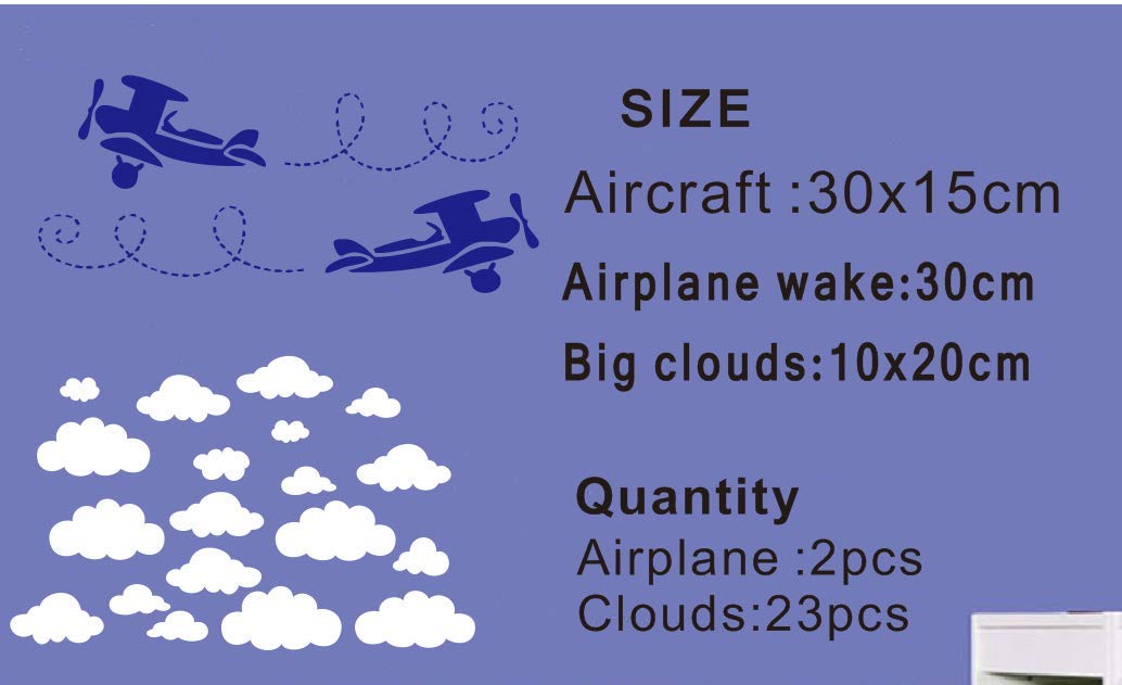 Kids Room Wall Sticker Two Aircrafts with Clouds Wall Decor for Boys Bedroom Wall Sticker Airplane Sky Decoration AM177 (Blue Airplane/White Clouds)
