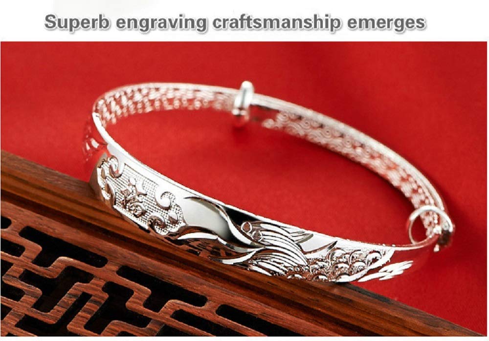 ABIRTE Women's 999 Solid Sterling Silver Chinese Dragon Phoenix Carved Adjustable Bangle Bracelet 15g Weight for Women,Ladies and Elder.