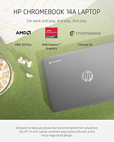 HP Chromebook 14a Laptop, AMD 3015Ce Processor, 4 GB RAM, 32 GB eMMC Storage, 14-inch Micro-Edge HD Display, Google Chrome OS, Anti-glare Screen, Long-Battery Life (14a-nd0010nr, 2021, Mineral Silver)