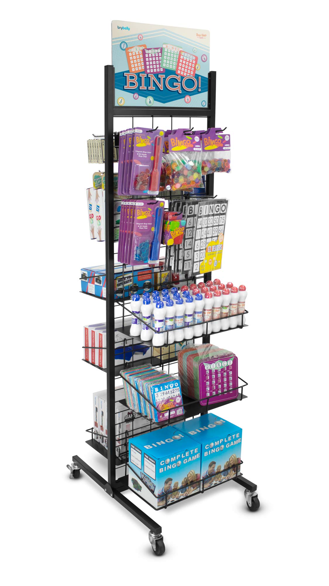 Brybelly Rolling Retail Display Merchandising Rack Store Fixture, 66" Tall x 28" Footprint, Includes 50 Peg Hooks and 4 Shelves