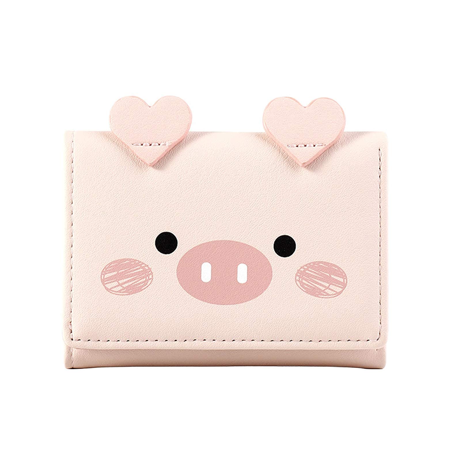 AODEZI Women Girls Wallet Cute Pig Pattern Tri-Fold Wallet PU Leather Purse Slim Small Wallet Cartoon Trifold Card Holder Bag (Pink)