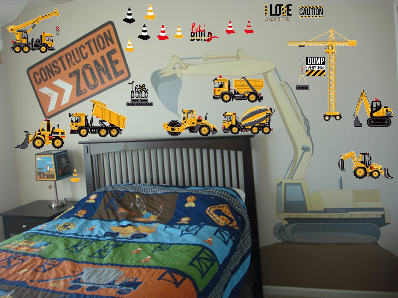 AIYANG Construction Vehicles Wall Stickers Truck Digger Tractor Crane Engineering Car Wall Stickers for Boys Bedroom Playroom Construction Decor for Boys Room Decoration