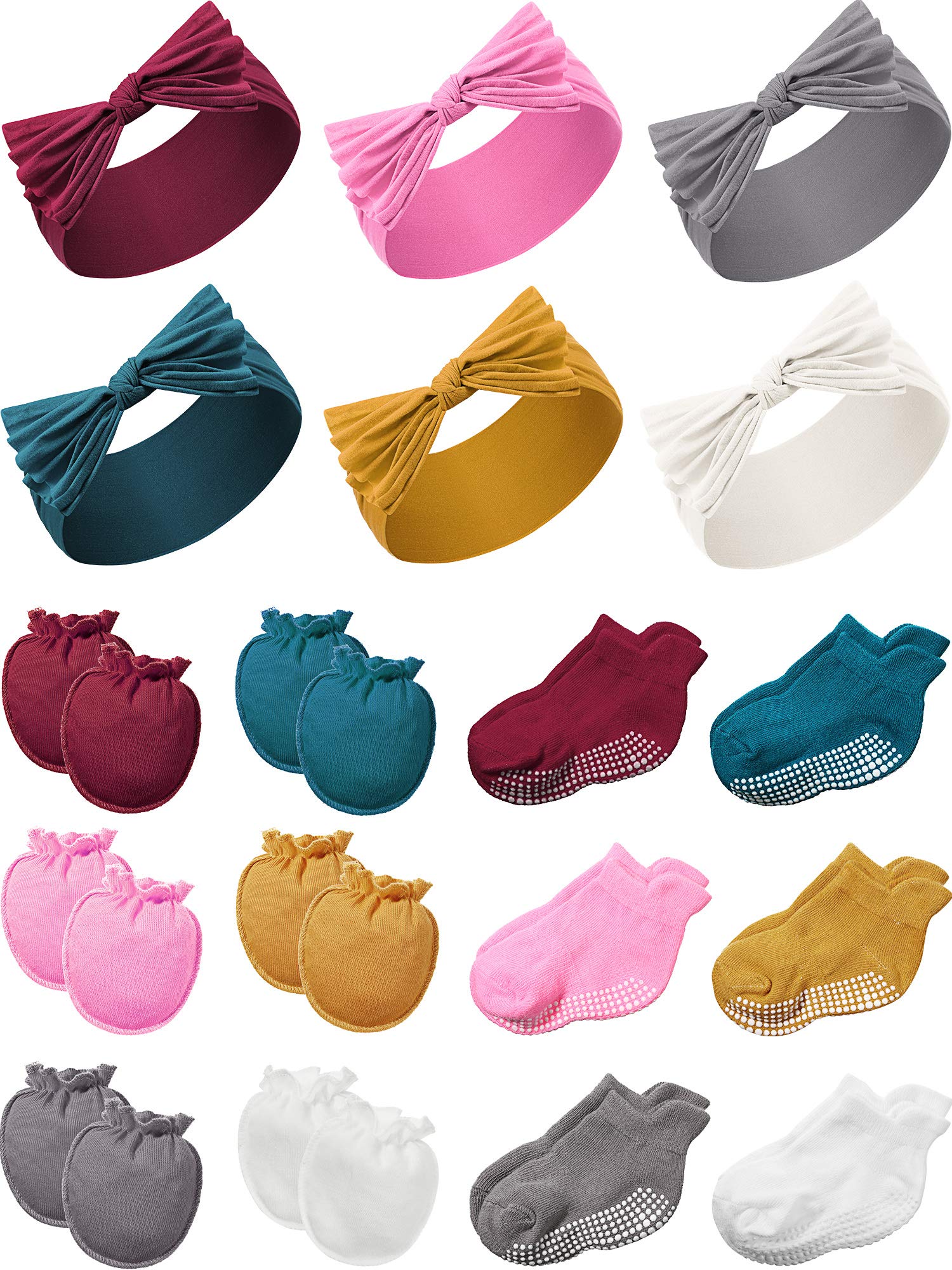 Geyoga 18 Pieces Baby Headband Newborn Socks and Mittens Sets Elastic Baby Essentials Boys Girls 0-6 Months (Wine Red, Pink, Yellow, Balsklish Green, White, Black)