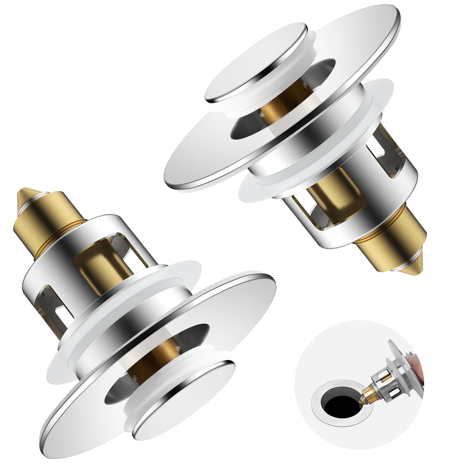 2PACKS Bathroom Sink Stopper for Standard Drain Holes, All Metal Bathroom Pop Up Sink Strainer with Bullet Core Push Type Stainless Steel Plug, Chrome Finish