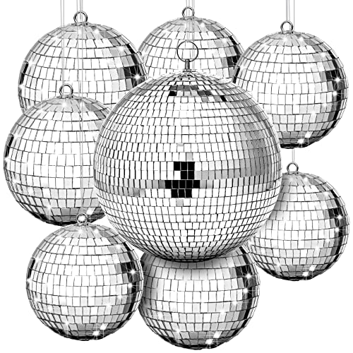 8 Pcs Large Disco Ball Set Silver Mirror Disco Balls Reflective Ball with Hanging Ring Party Hanging Ornament Decoration for Stage Club Ballroom Dance Hall Wedding Prom Props Supplies, 8'' 6'' 4''