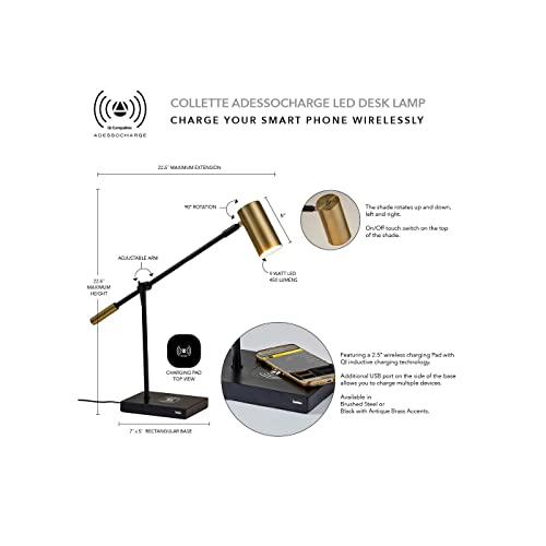Adesso 4217-01 Collette LED Desk Lamp Wireless Charging, 7W LED, 5W QI, USB Port, Indoor Lighting Lamps , Black