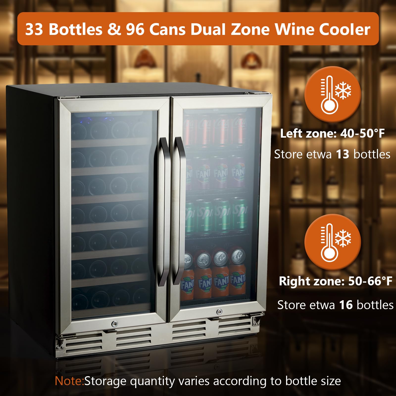30 inch Wine and Beverage Refrigerator, 33 Bottles & 96 Cans Wine Cooler Refrigerator, Dual Zone Wine Cooler with Glass Door and Lock, Built in or Freestanding Under Counter Wine Fridge