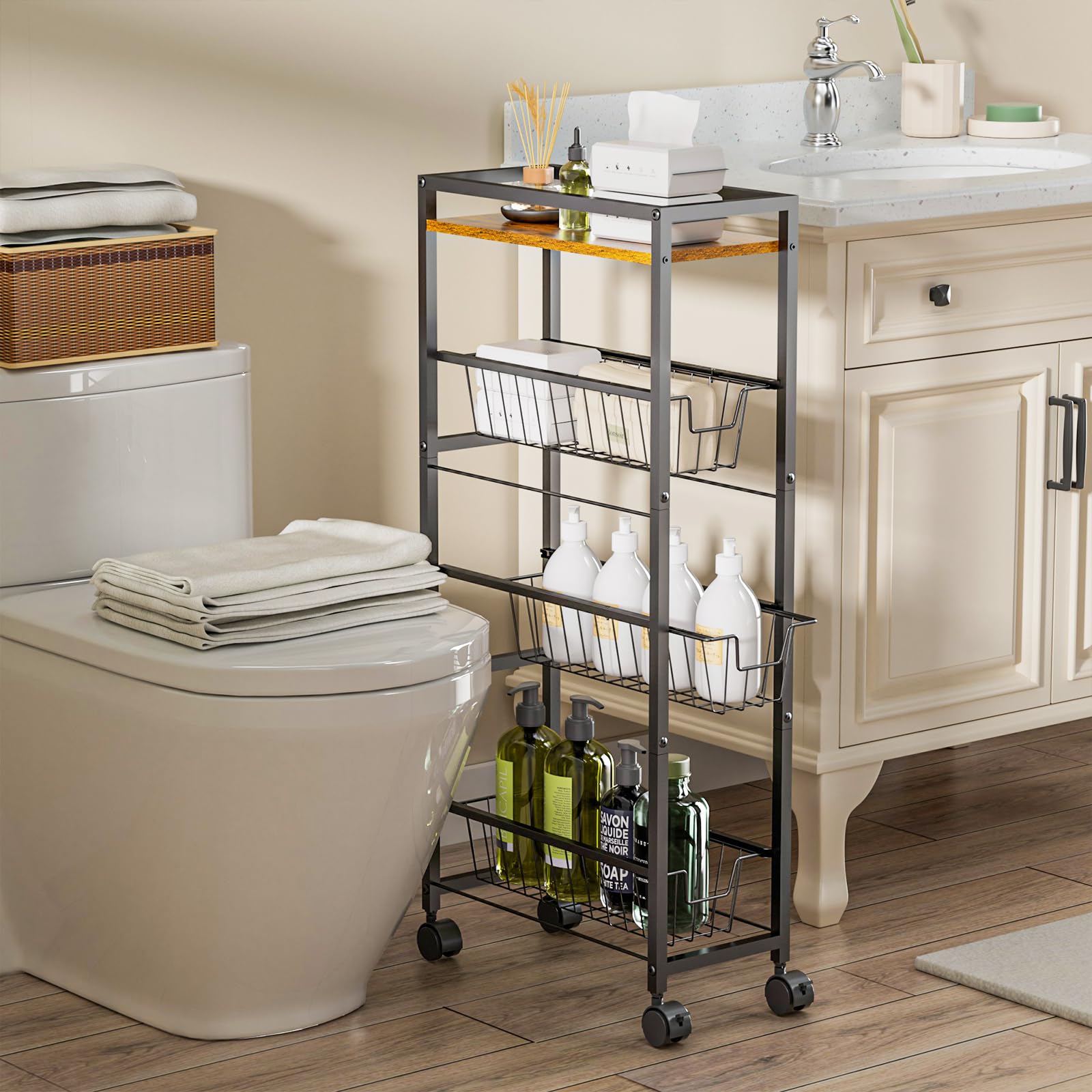 4 Tier Slim Rolling Cart with Pull-out Baskets, Mobile Kitchen Cart with Lockable Wheels, Narrow Utility Storage Cart for Bathroom,Laundry, Living Room ,Small Space,Black