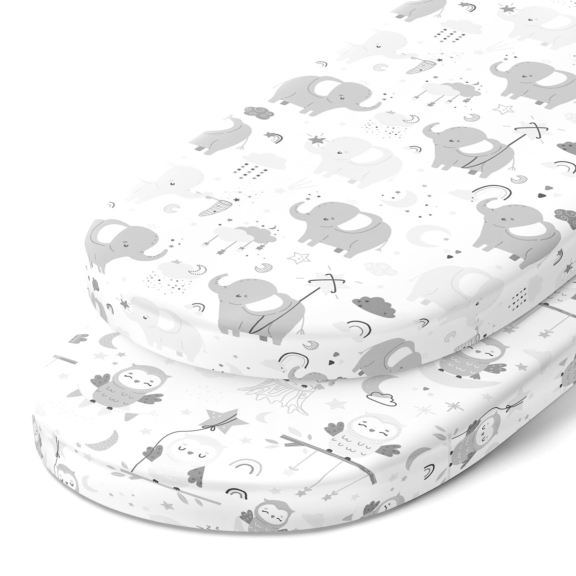 Moses Basket Fitted Sheets for 11 x 29 Inch Oval Bassinet Mattress – Snuggly Soft 100% Jersey Cotton – Owls and Elephants – 2 Pack