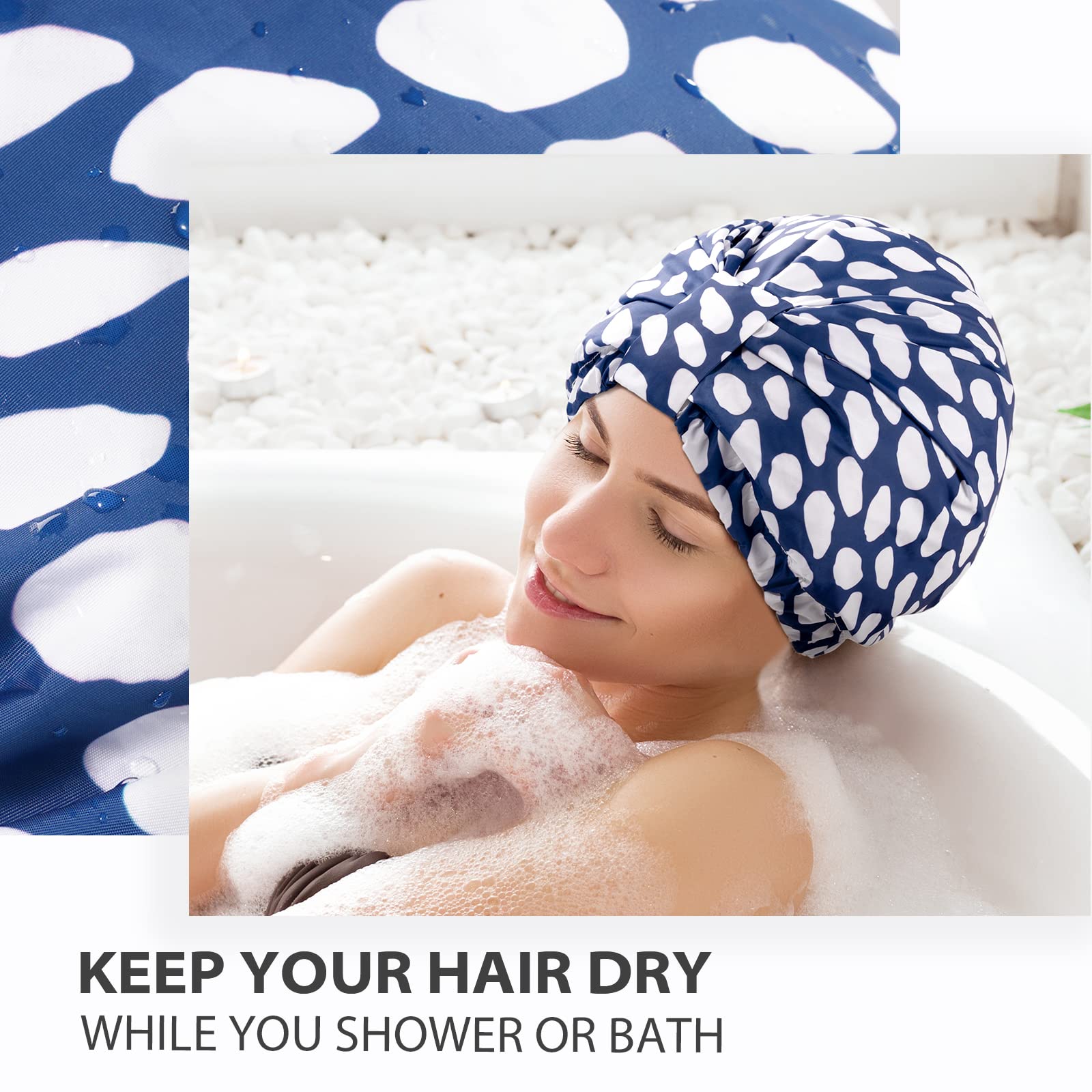 INNELO Luxury Shower Cap for Women Reusable Waterproof, Double Layered Shower Hair Cap with Adjustable Elastic Strap, Large Satin Lined Shower Bath Cap for Long Curly Straight Hair, Blue