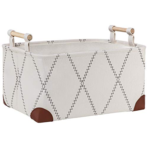 Fabric Storage Basket Bins for Shelves with Wood Handle, 15.7x11.8x8.3"Canvas Toy Storage Basket for Closet, Decorative Floor Storage Basket for Home Office Organizing, Linen Closet Organizer