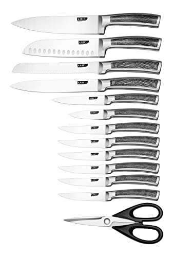 Knife Set, 14-Piece German Steel Kitchen Knife Block Sets with Built-in Sharpener, Rotating Block