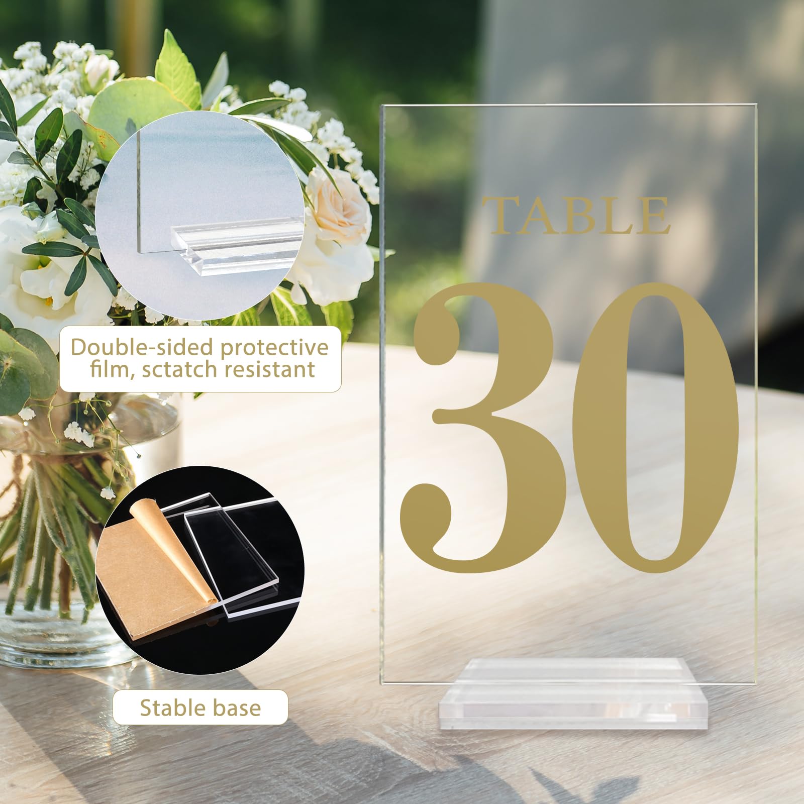 Acrylic Wedding Table Numbers 1-20 with Removable Base 6ร4x1/8 Elegant Table Number Holders for Weddings Meeting, Events, Birthdays, and Anniversaries