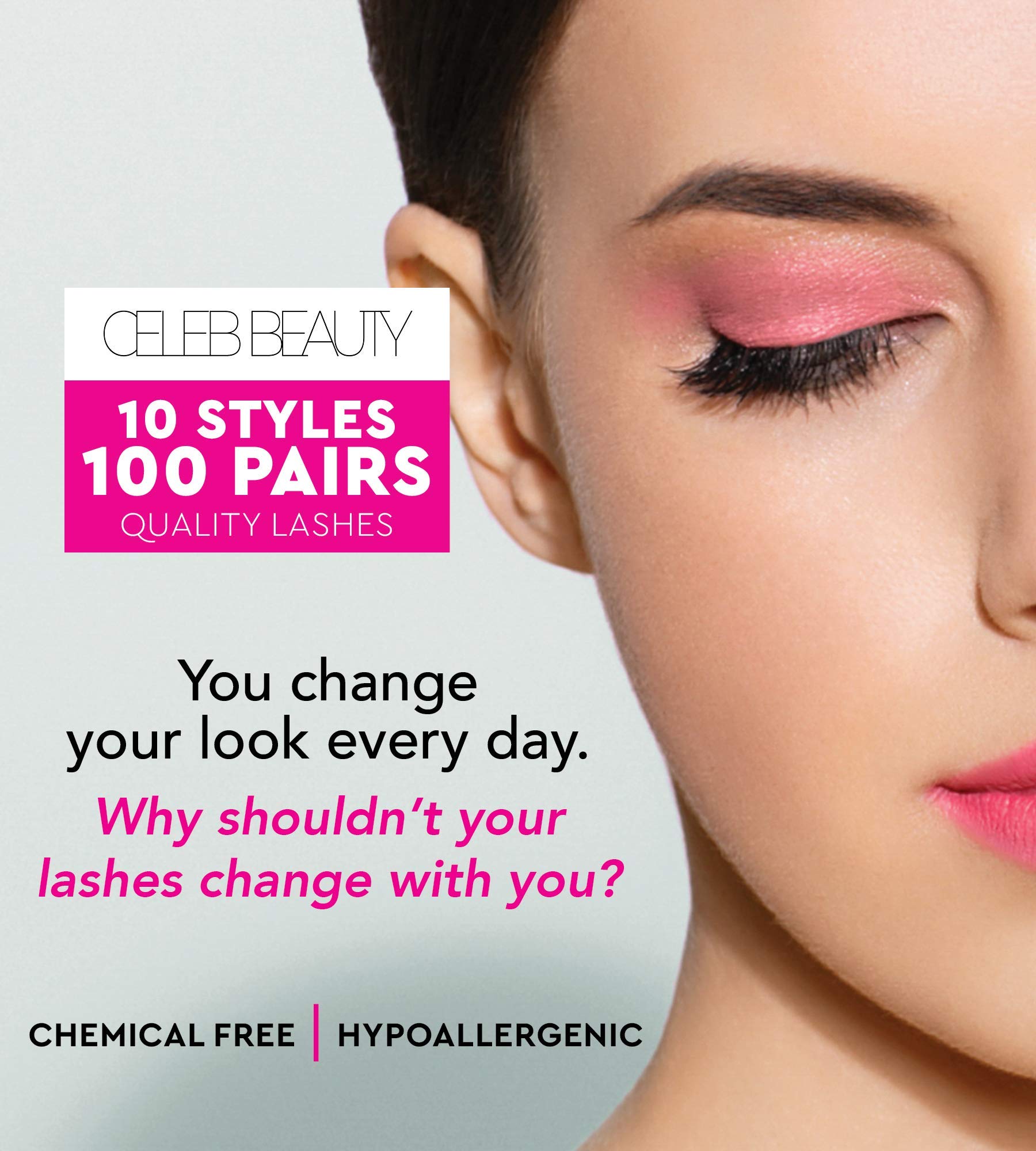 Celeb Beauty Eyelash Splashes 100 Pair Faux Lashes Variety Pack – Reusable Fake Eyelashes in 10 Styles – Hypoallergenic Strip False Lashes Set with Soft Natural, Fluttery Wispies, & Dramatic Falsies