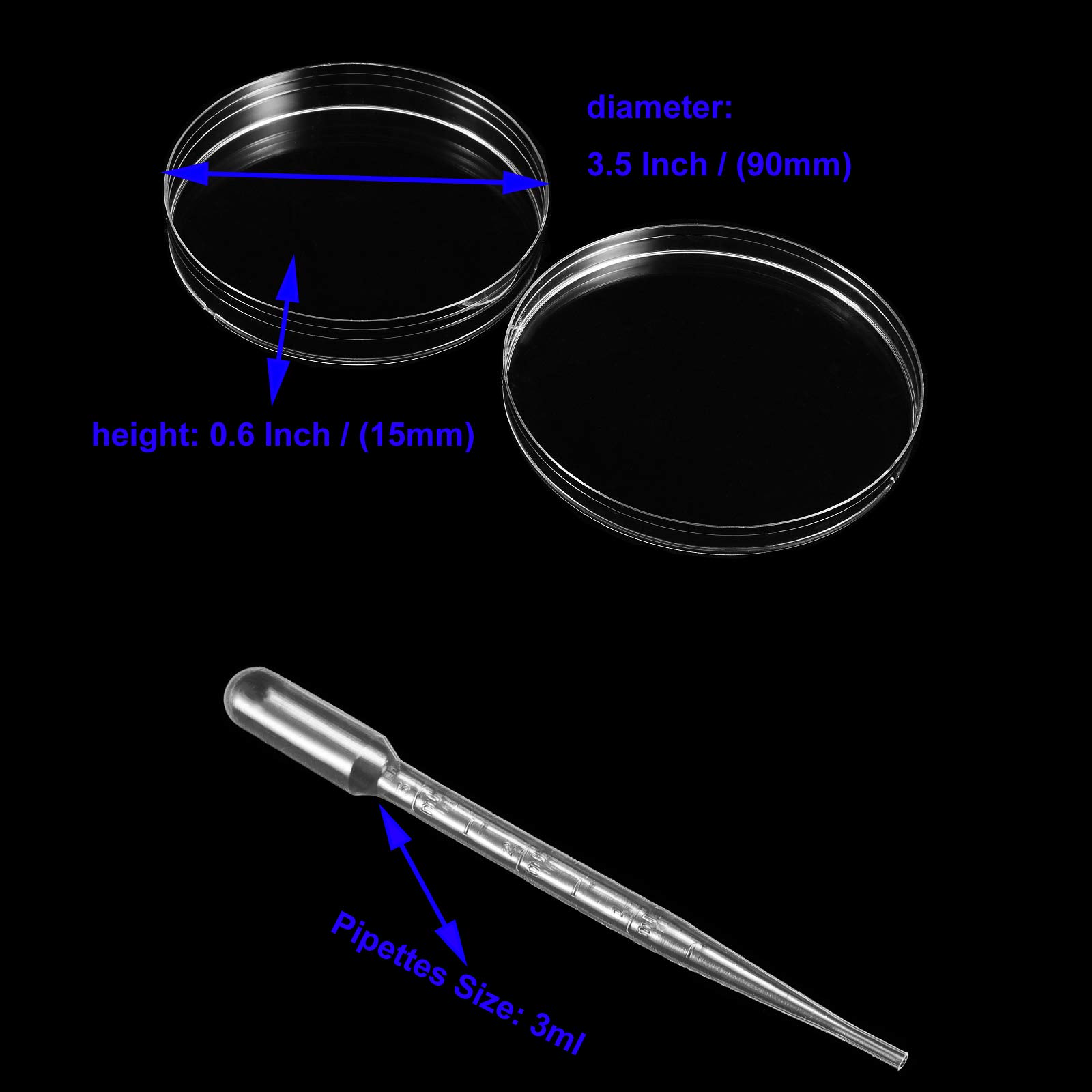 KOHAND 50 Pack Petri Dishes with Lids, 90 x 15 mm Plastic Lab Petri Dishes Agar Plates Diameter by with 100 PCs Plastic Transfer Pipettes (3ML), Science Experiment Kit for School Lab Projects