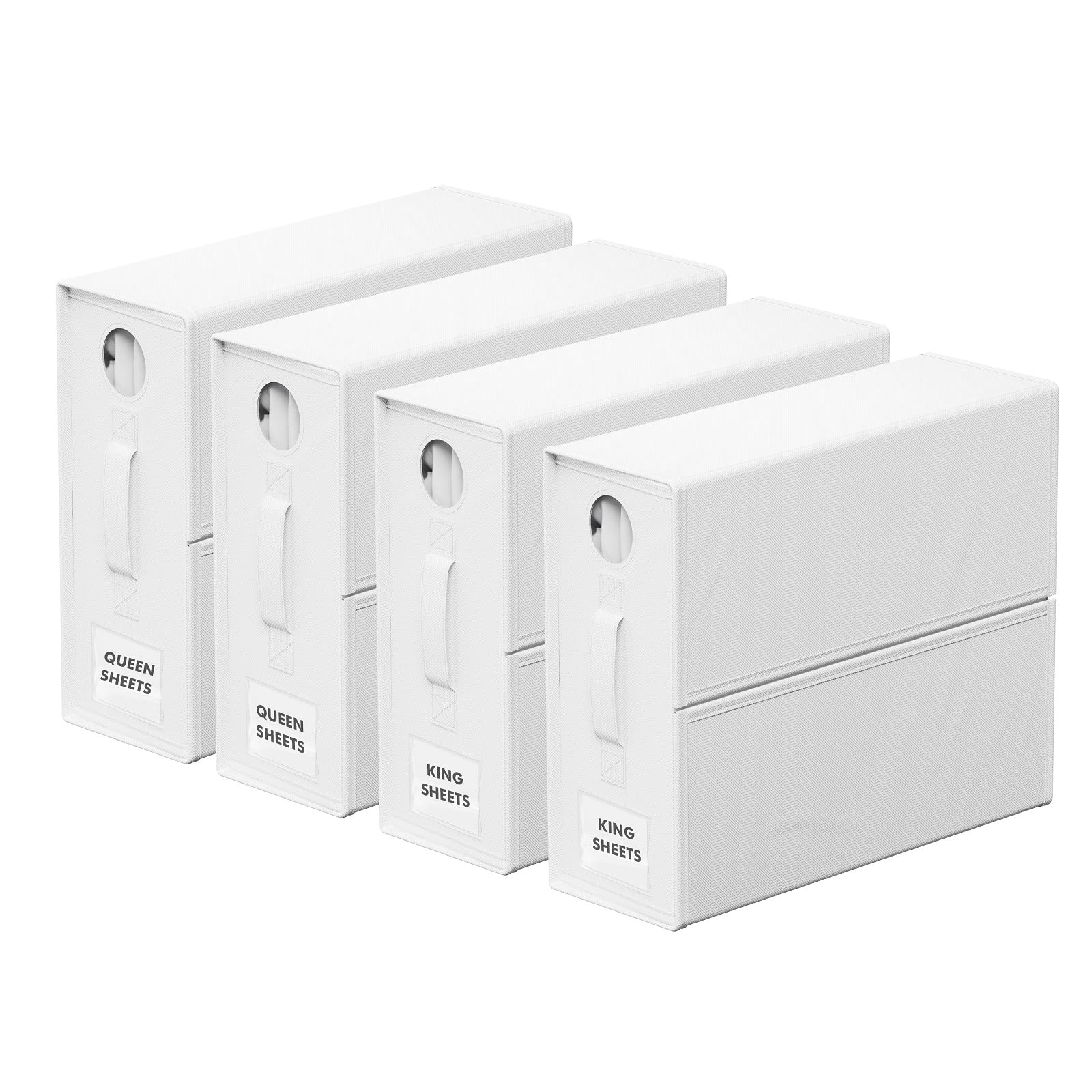 4-Pack Bed Sheet Organizer and Storage Box, Folding Container for Bedding Essentials, Stylish Linen Closet Organizer for Sheets, Duvet Covers, and Pillows (White, Circle Window Design)