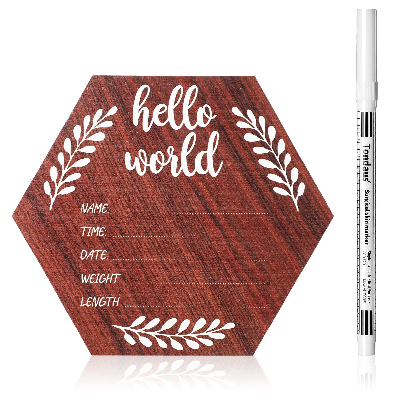 5.5 Inch Baby Birth Announcement Sign for Hospital Cherry Wooden Newborn Name Sign Hexagon Sign with White Paint Marker for Baby Gift Nursery Wall Decor