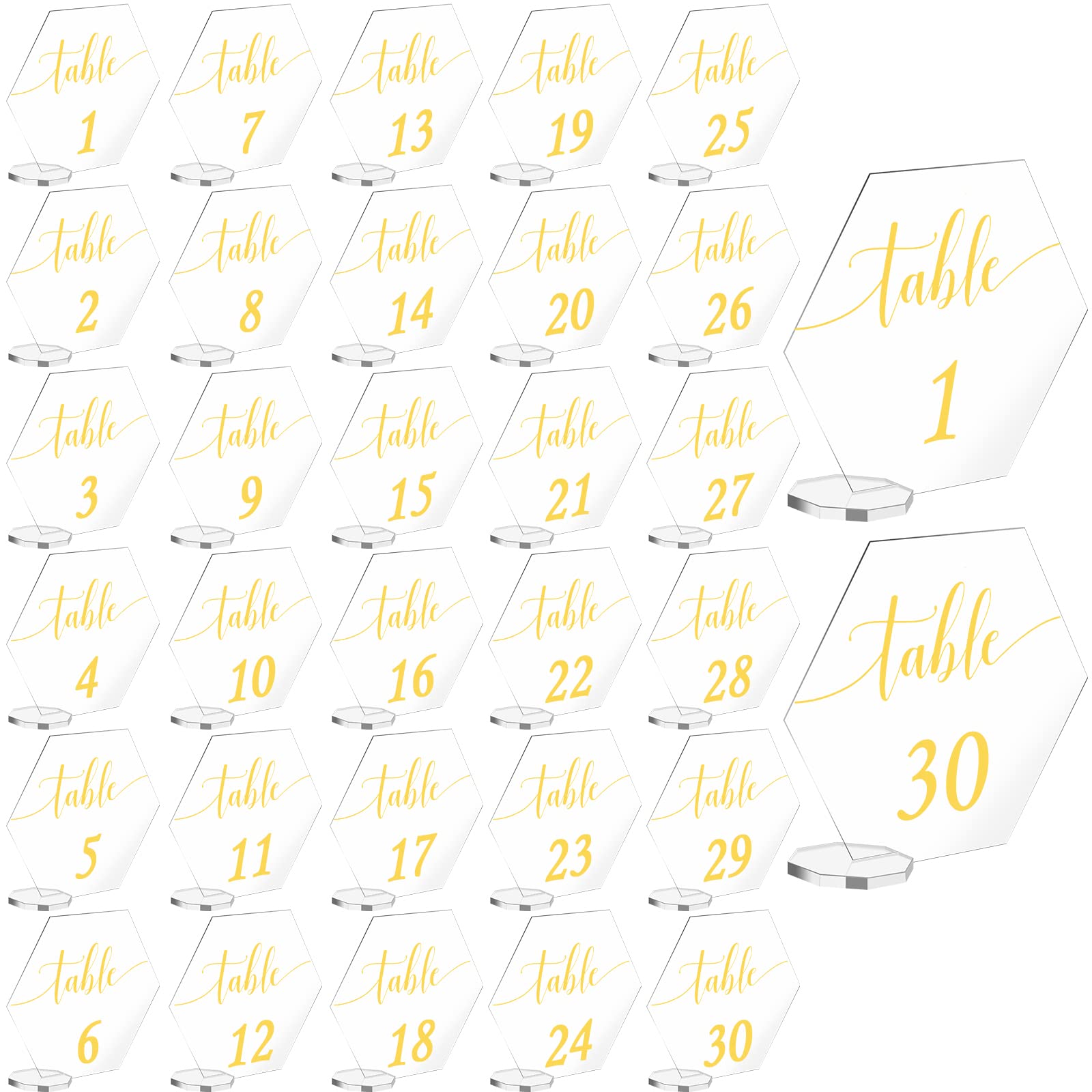 30 Pcs Gold Acrylic Wedding Table Numbers with Stand Printed Clear Acrylic Table Number Stand Table Number Signs for Wedding Reception Event Party Dining Room(Hexagonal)