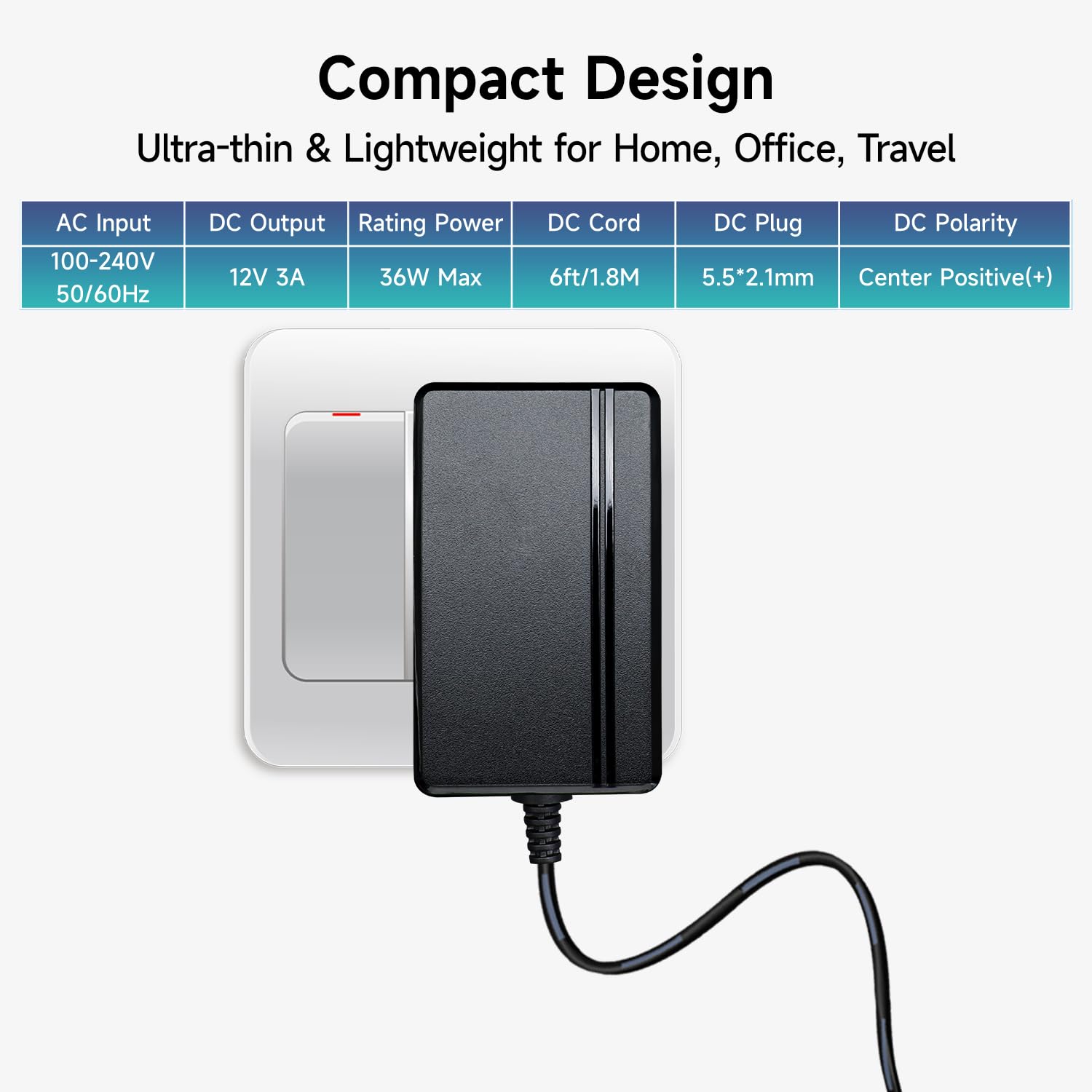 2 Pack 12Vdc 3A/3000mA 6ft Power Supply Adapter, 100-240V 50/60Hz AC to DC 36W Wall Charger with Barrel Connector for LED Strip Light, CCTV Camera, Router, DVR, NVR and More, ETL FCC (6Ft Cord, 20AWG)