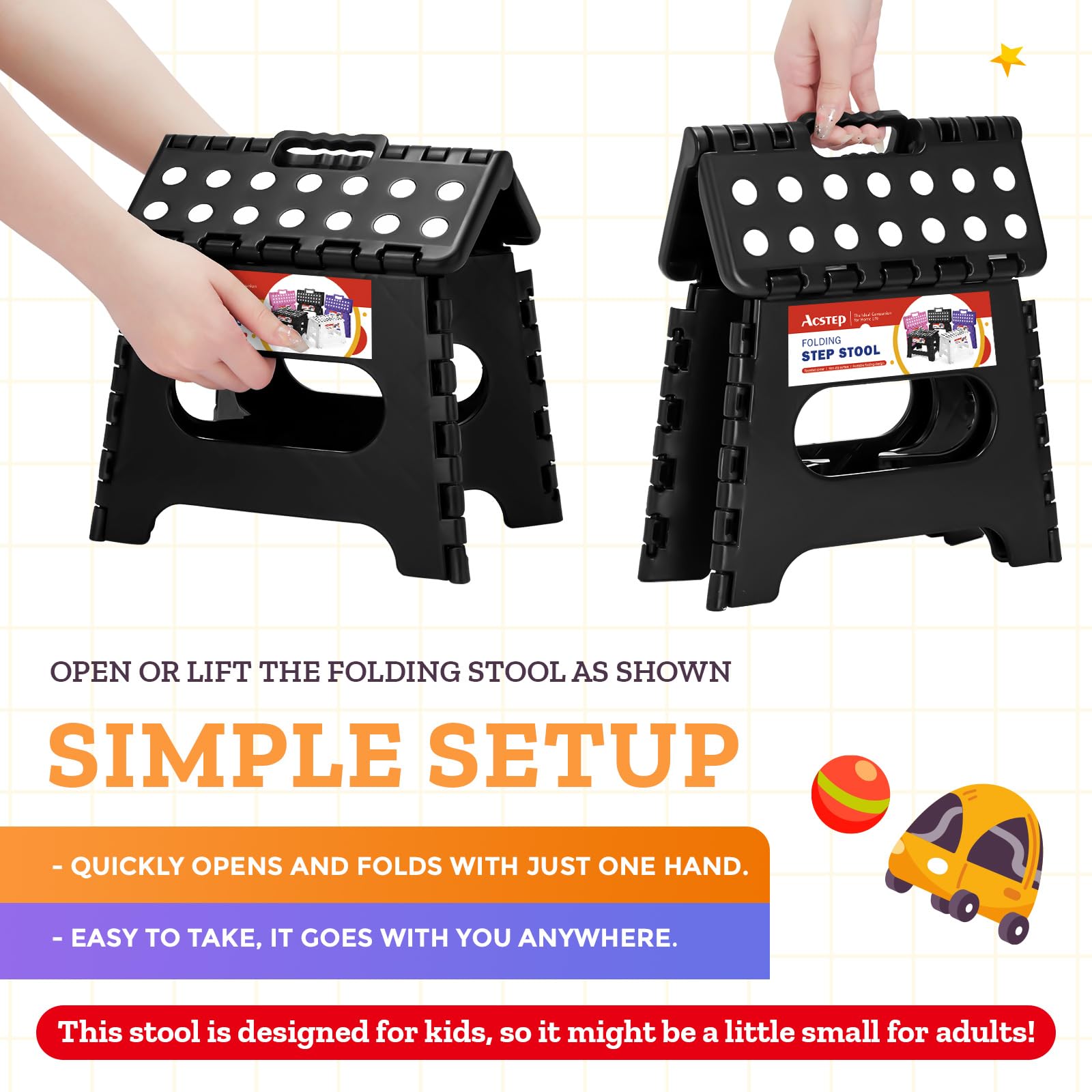 ACSTEP Folding Step Stool Foldable Stool 7.5 Inch Height Kids Step Stool, 300 lb Capacity Plastic Collapsible Stool, Stepping Stool with Handle Black Small Step Stool, Foot Stool Suitable for Kitchen