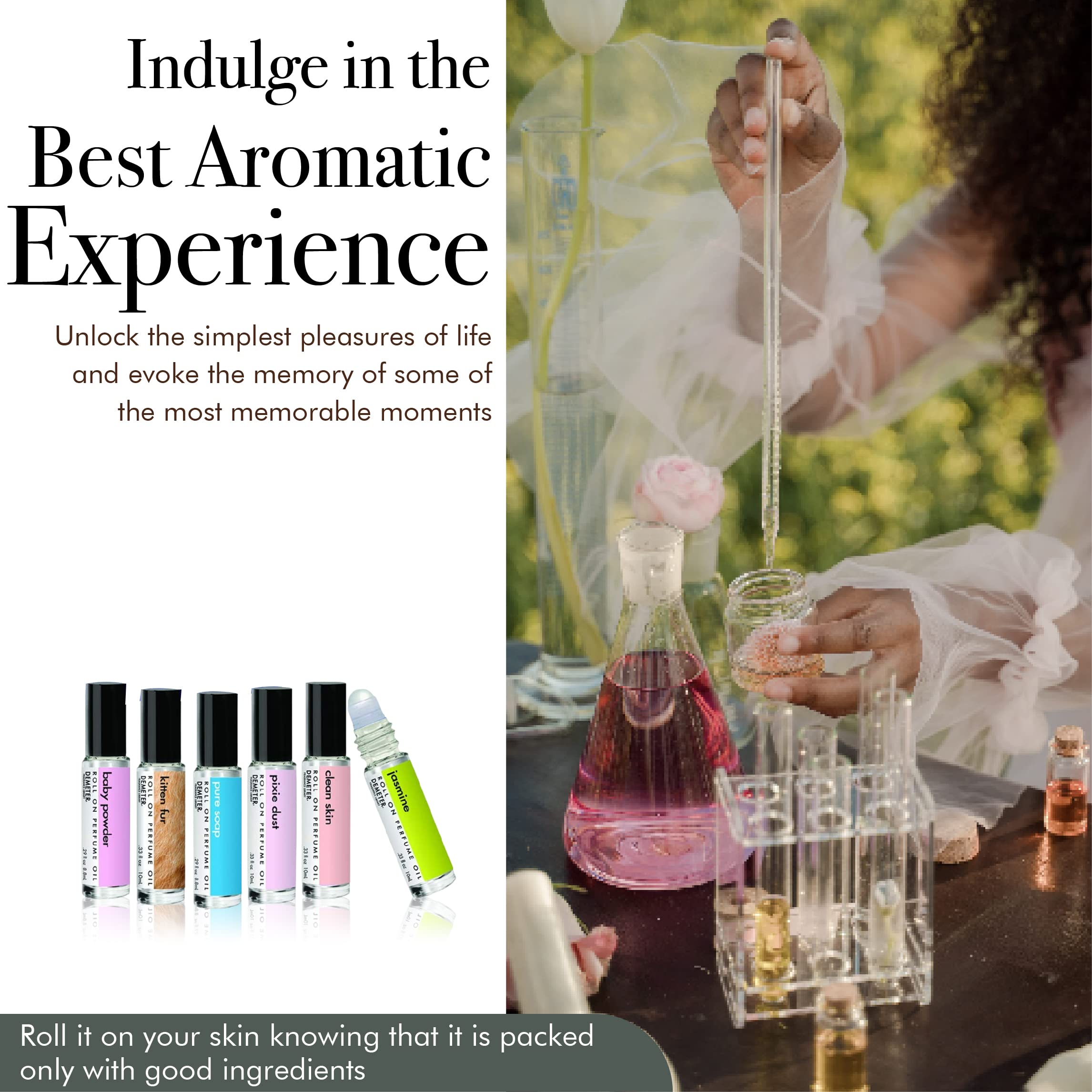 DEMETER Fragrance Library - Classic Six Piece Roll On Perfume Oil Set – Baby Powder, Kitten Fur, Pure Soap, Pixie Dust, Clean Skin, Jasmine