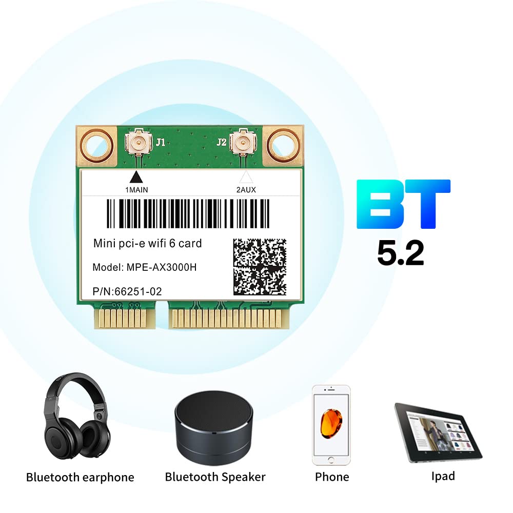 MPE-AX3000H WiFi 6 Wireless Card Dual Band 802.11ax Half Mini PCI-E WiFi Card PCI Express Network Adapter BT5.2 2.4GHz 574Mbps 5GHz 2.4Gbps(160MHz) for Windows 10/11 64 bit Better 7260HMW WiFi Card